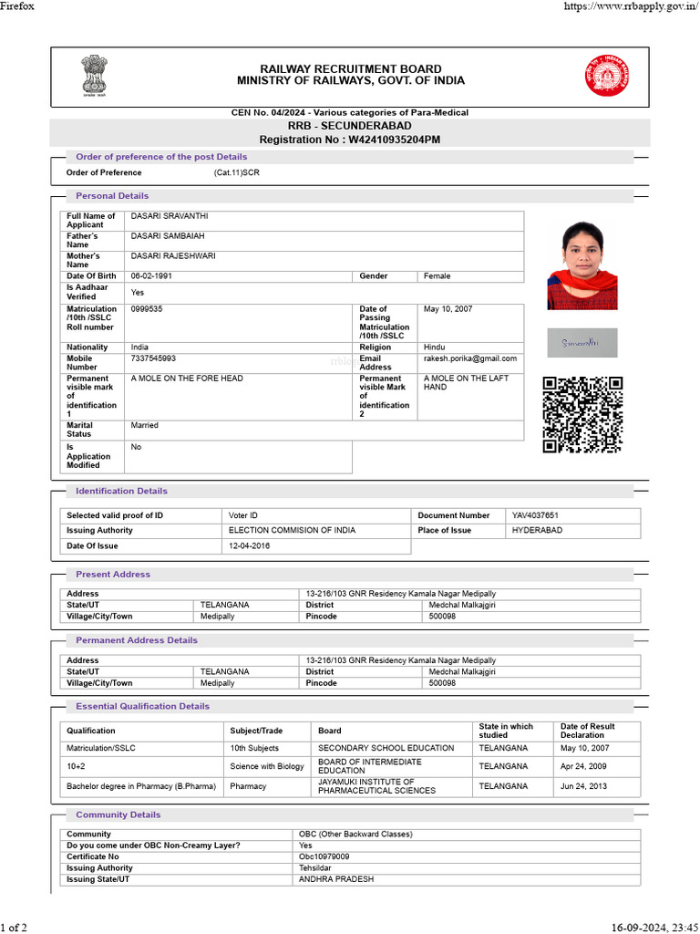 RRB - Pharmacist - Application Form-16.09.2024 - Sravanthi | PDF