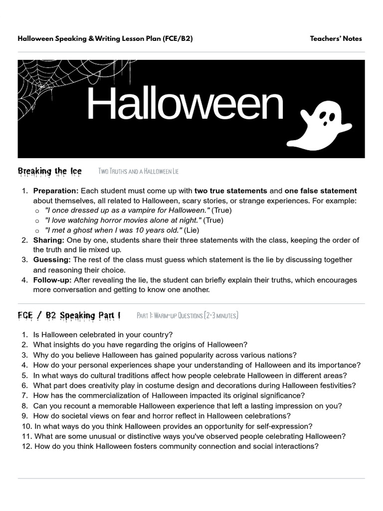 Halloween Lesson Plan FCE B2 Speaking Writing Vocab | PDF