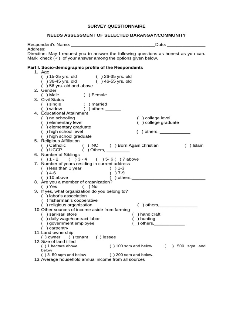 Community Needs Assessment Questionnaire For Households | PDF