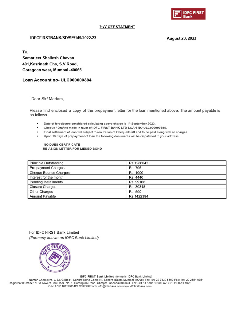 Clousre Letter Idfc First Bank | PDF