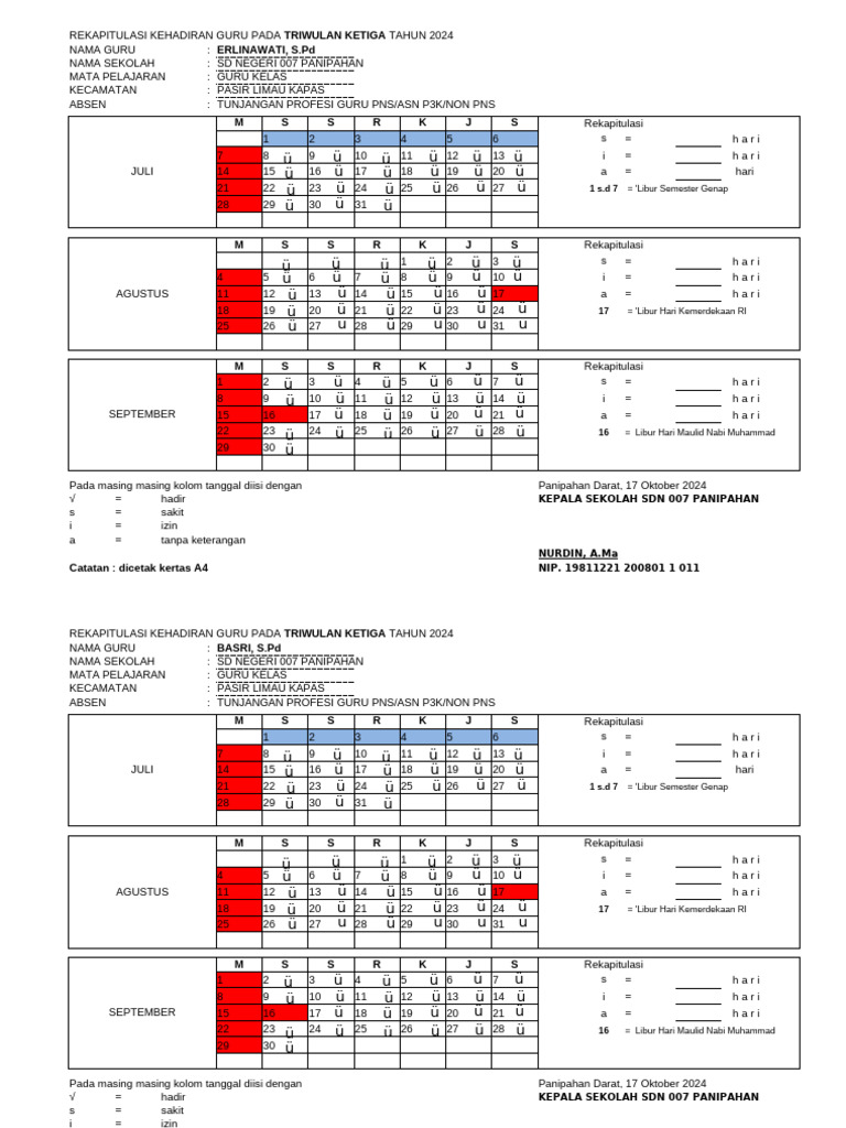 Rekap Absen Guru TPG TW 3 Tahun 2024 | PDF