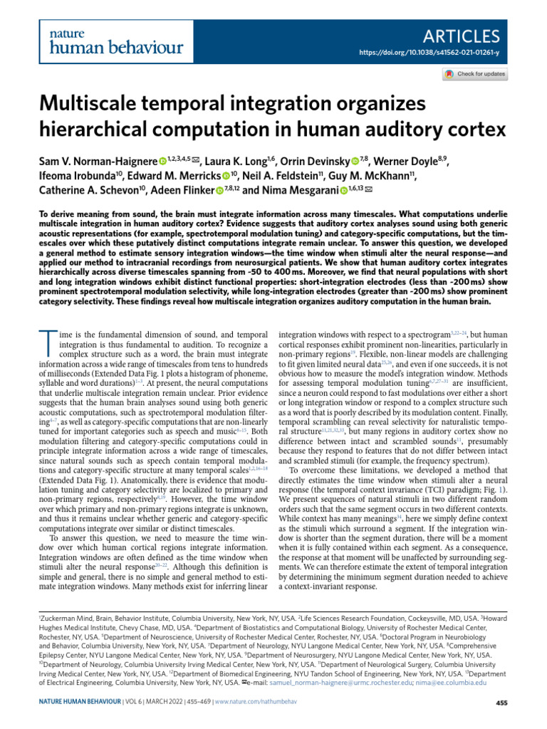 Multiscale Temporal Integration Organizes Hierarchical Computation in Human Auditory Cortex | PDF