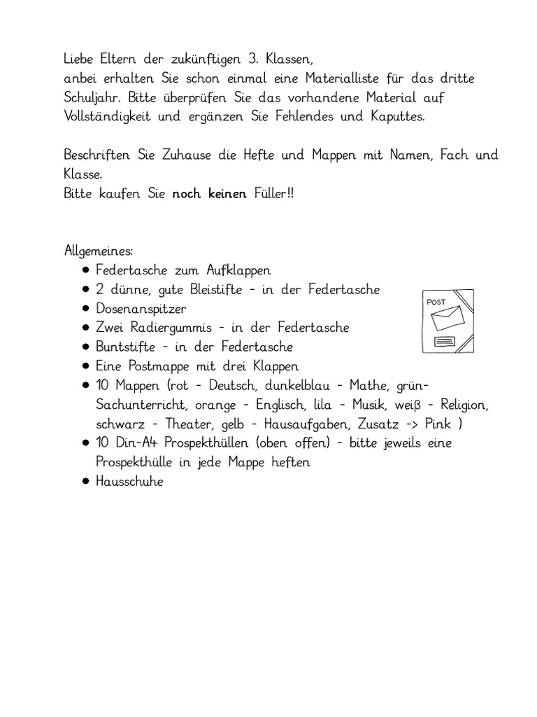 Materialliste Klasse 3 | PDF