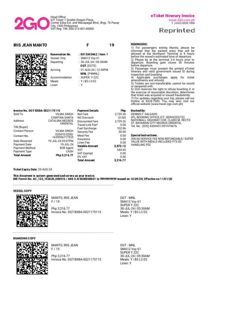 2GO Travel - Itinerary Receipt | PDF