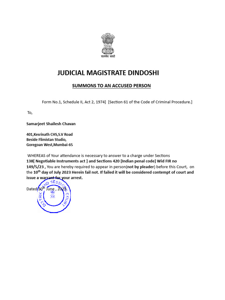 JUDICIAL MAGISTRATE DINDOSHI Summons | PDF