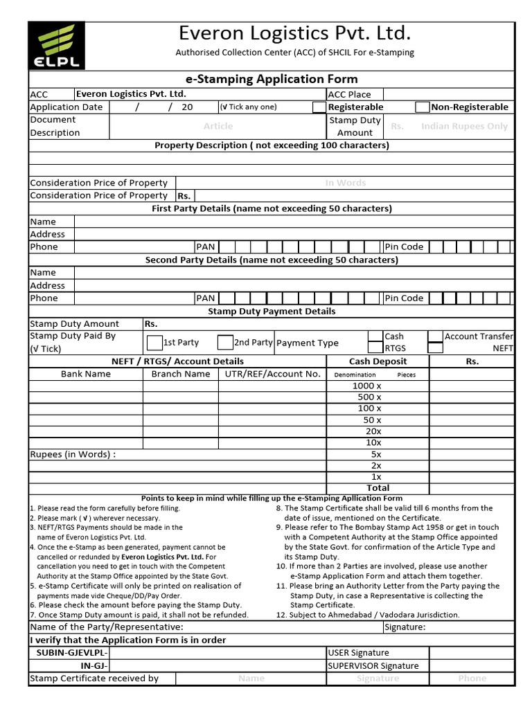 Everon Logistics e-Stamp Application Form | PDF