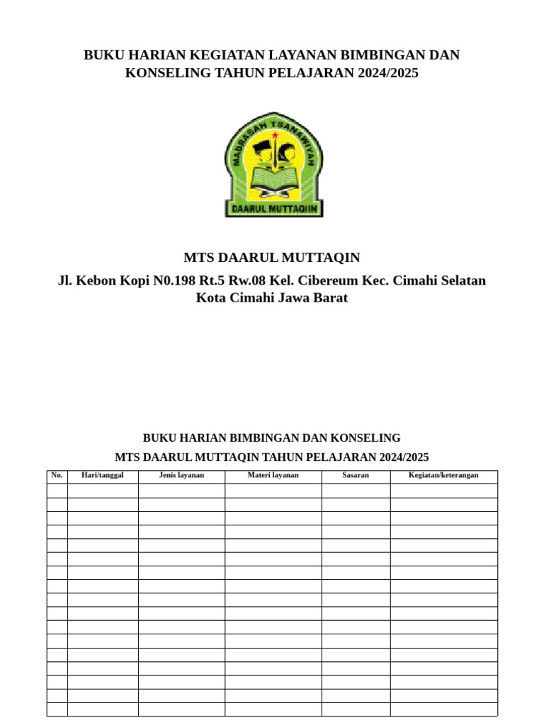 Buku Harian Kegiatan Layanan Bimbingan Dan Konseling Tahun Pelajaran 2024 | PDF