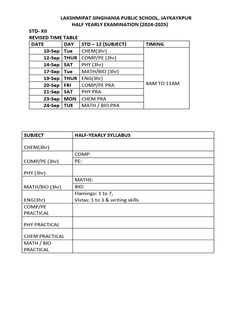 STD-12 Revised Time Table | PDF