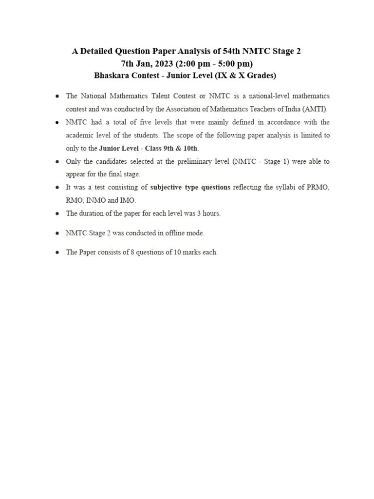 Paper Analysis of 54th NMTC Stage 2 Junior Level | PDF