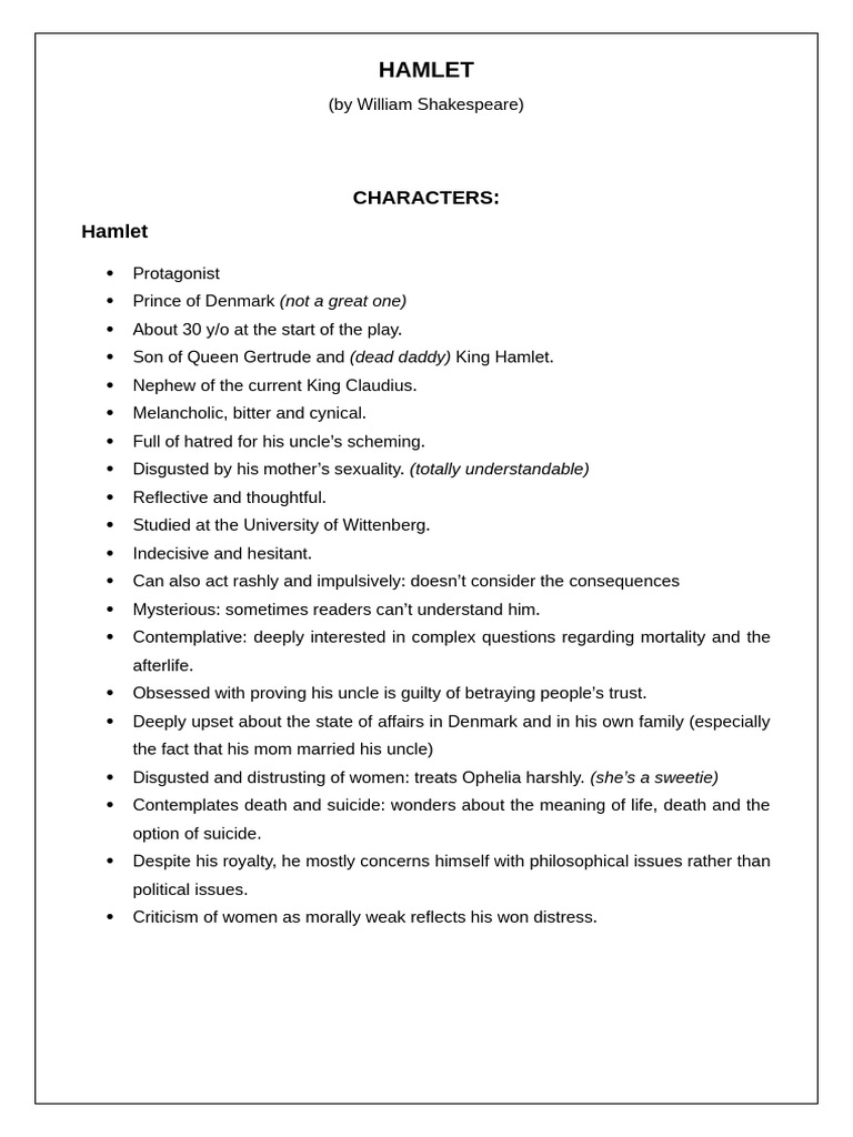 Hamlet - William Shakespeare (Character Analysis) | PDF