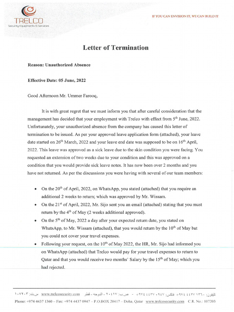 Signed - LETTER OF TERMINATION (UMMER FAROOQ) | PDF