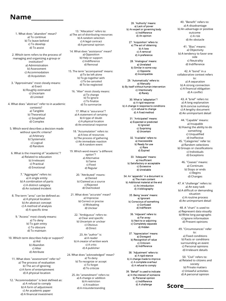 Academic Vocabulary Exam Choose The Correct Answer For Each Question | PDF