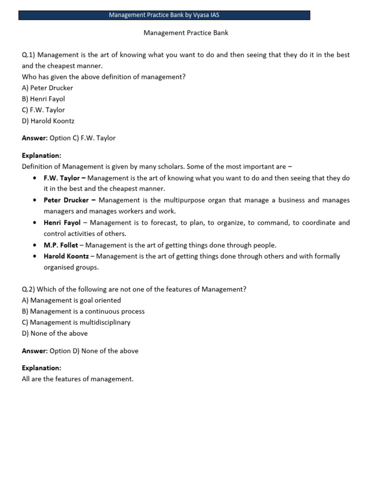 Management Principles Practice Bank - Unlocked | PDF