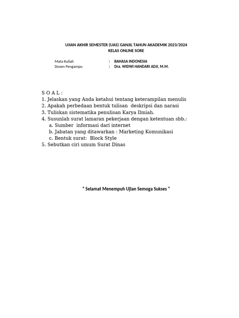Soal Uas Essay 24 Januari 2024 | PDF