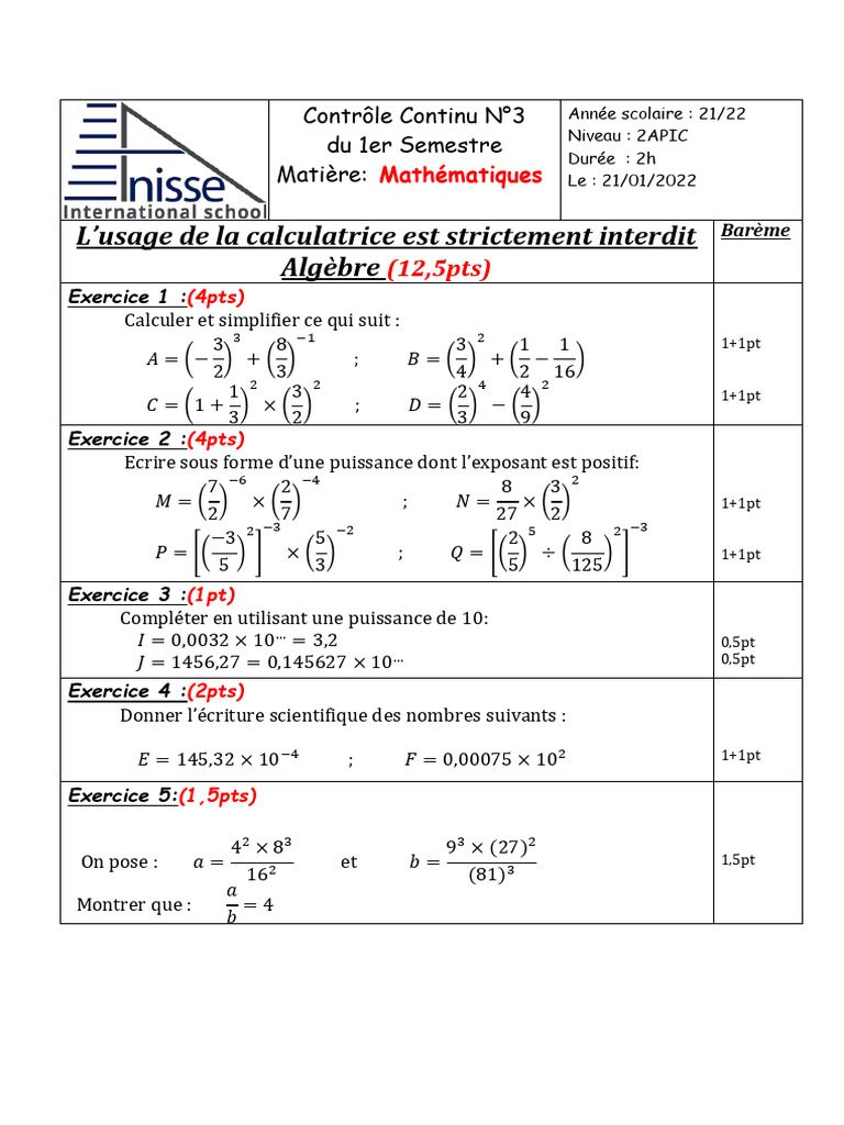 AIS 2122 2APIC S1 C3 Maths | PDF