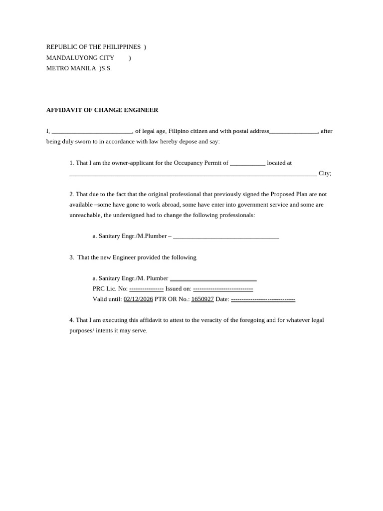 Affidavit for Change of Engineer | PDF | Finance & Money Management | Law