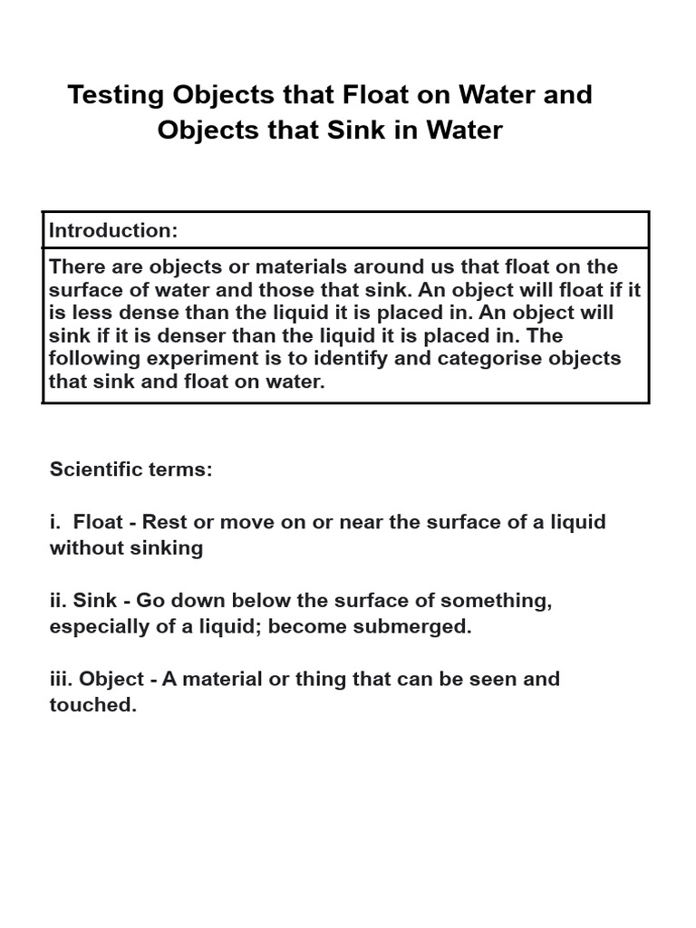 Testing Objects That Float On Water and Objects That Sink in Water | PDF