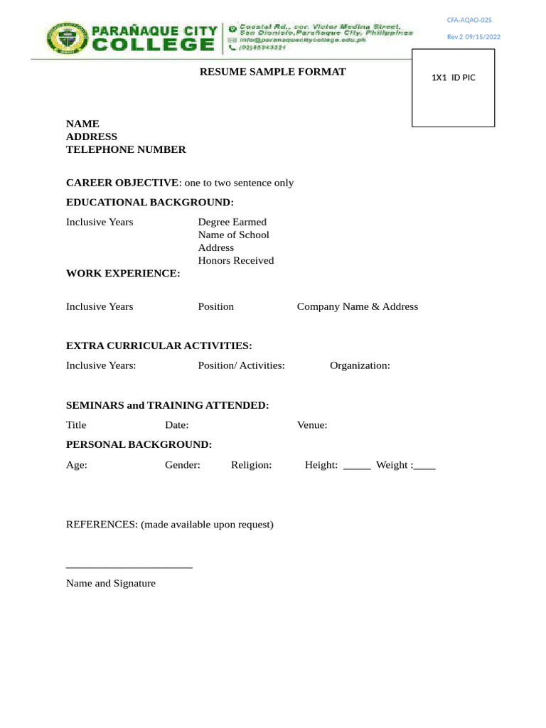 Sample Format Resume and Others | PDF