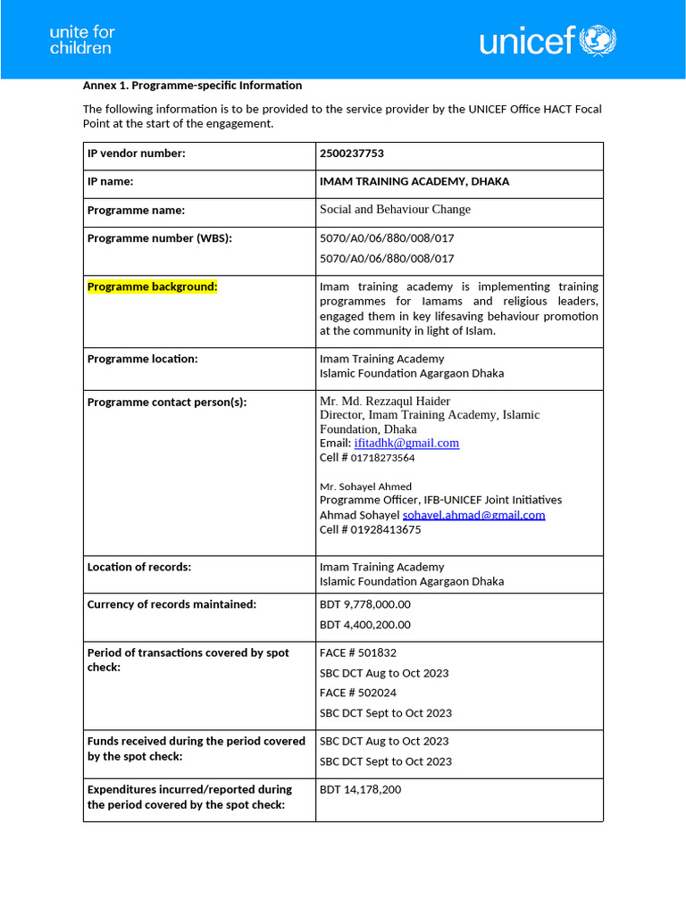 Annex I - Spot Check Programme Information Imam Training Academy-2500237753 Q1 2024 4th March ...