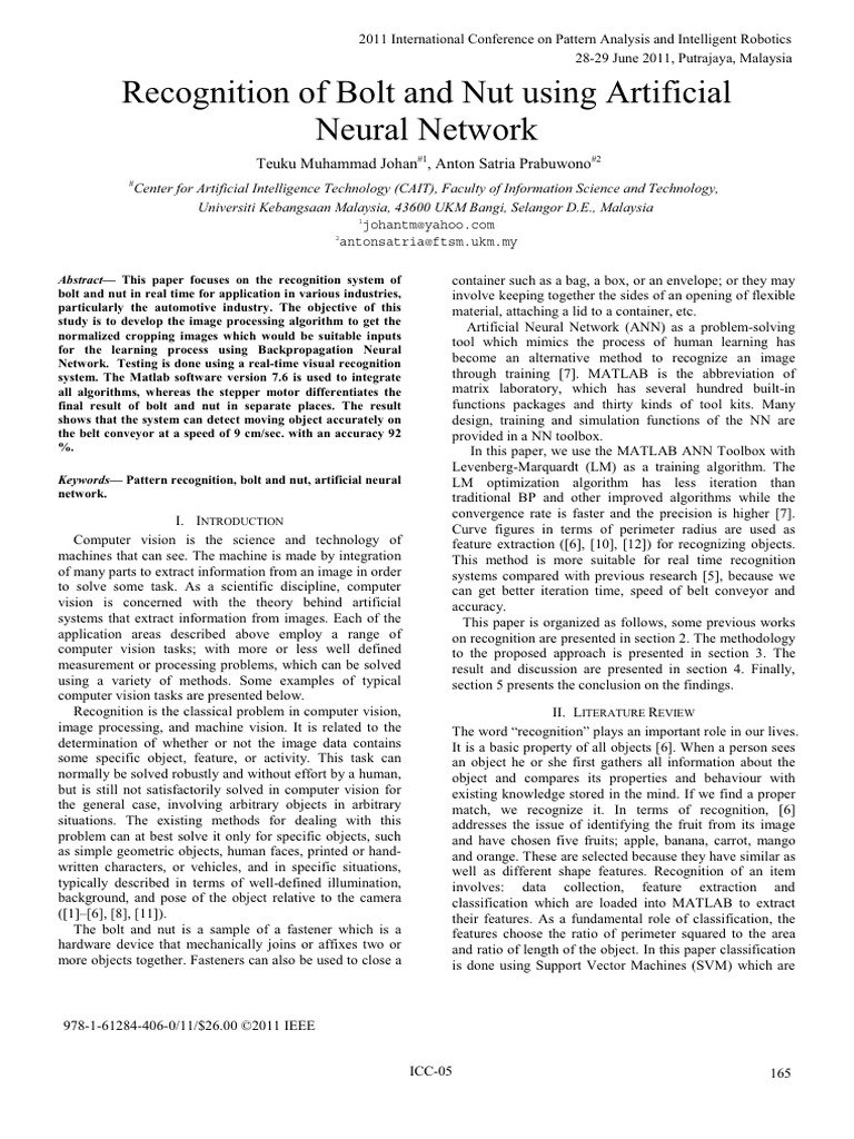 Recognition of Bolt and Nut Using Artificial Neural Network | PDF