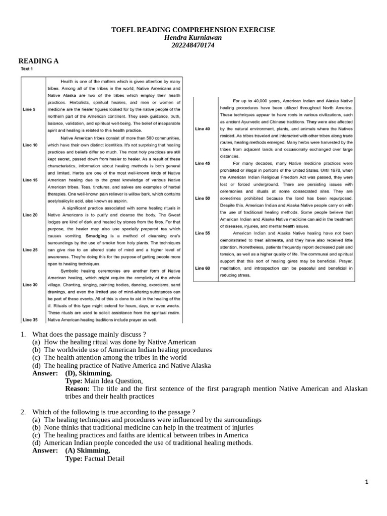 TOEFL Reading Exercise Hendra Kurniawan | PDF