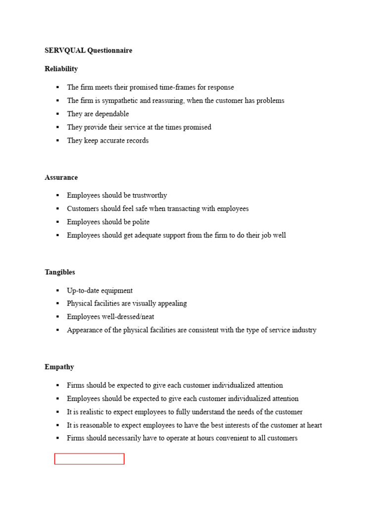 SERVQUAL Questionnaire | PDF