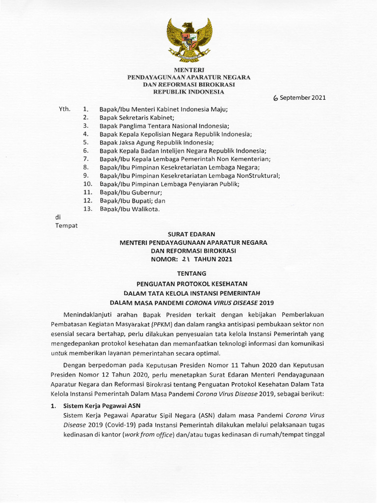 SE Menteri PANRB Nomor 21 Tahun 2021 | PDF