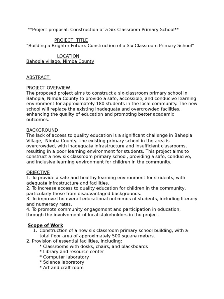 Project Proposal For The Construction of A Six Classroom Primary School ...