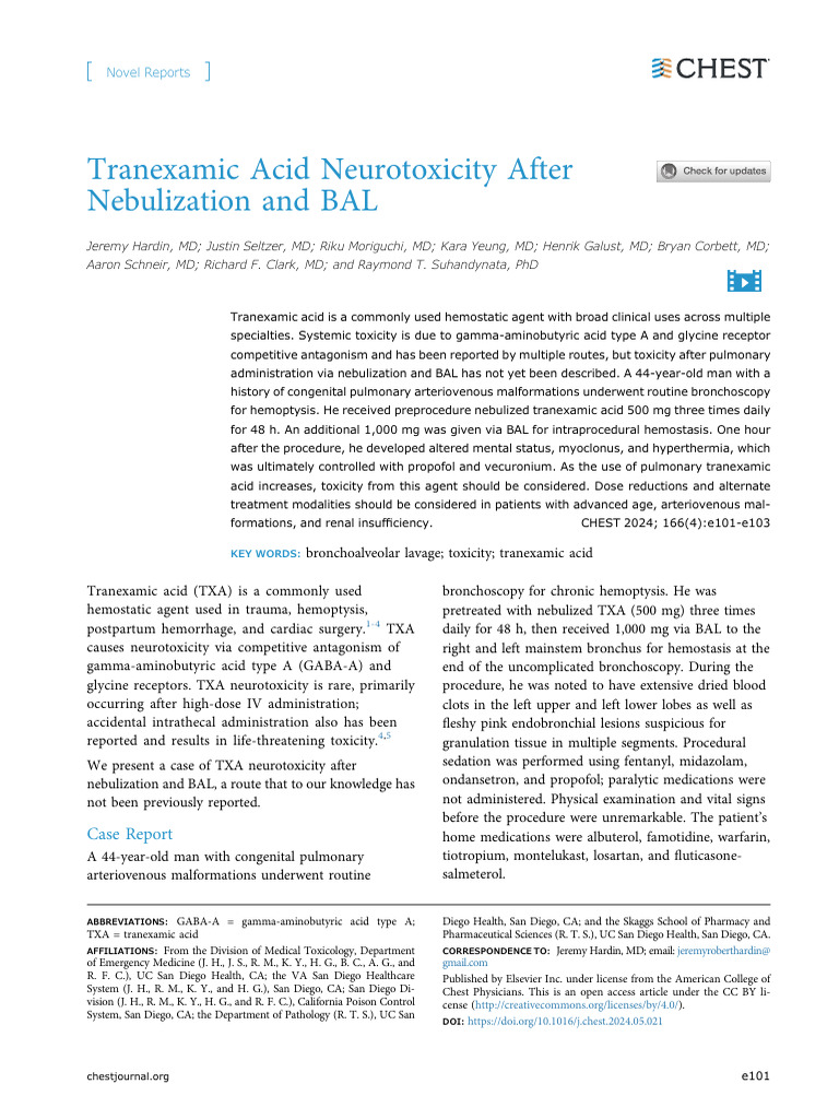 Neurotoxicity Due To Nebulised Tranexamic Acid | PDF