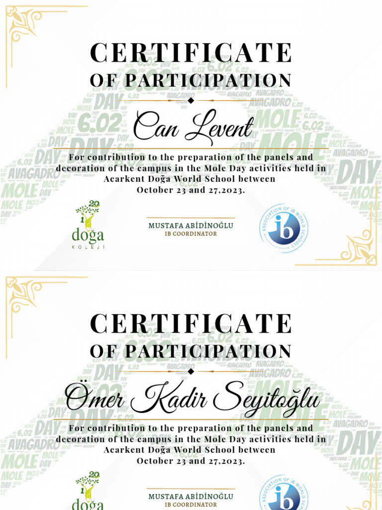 (Toplu 1) Mole Day (Panel and Decoration) Certificate | PDF