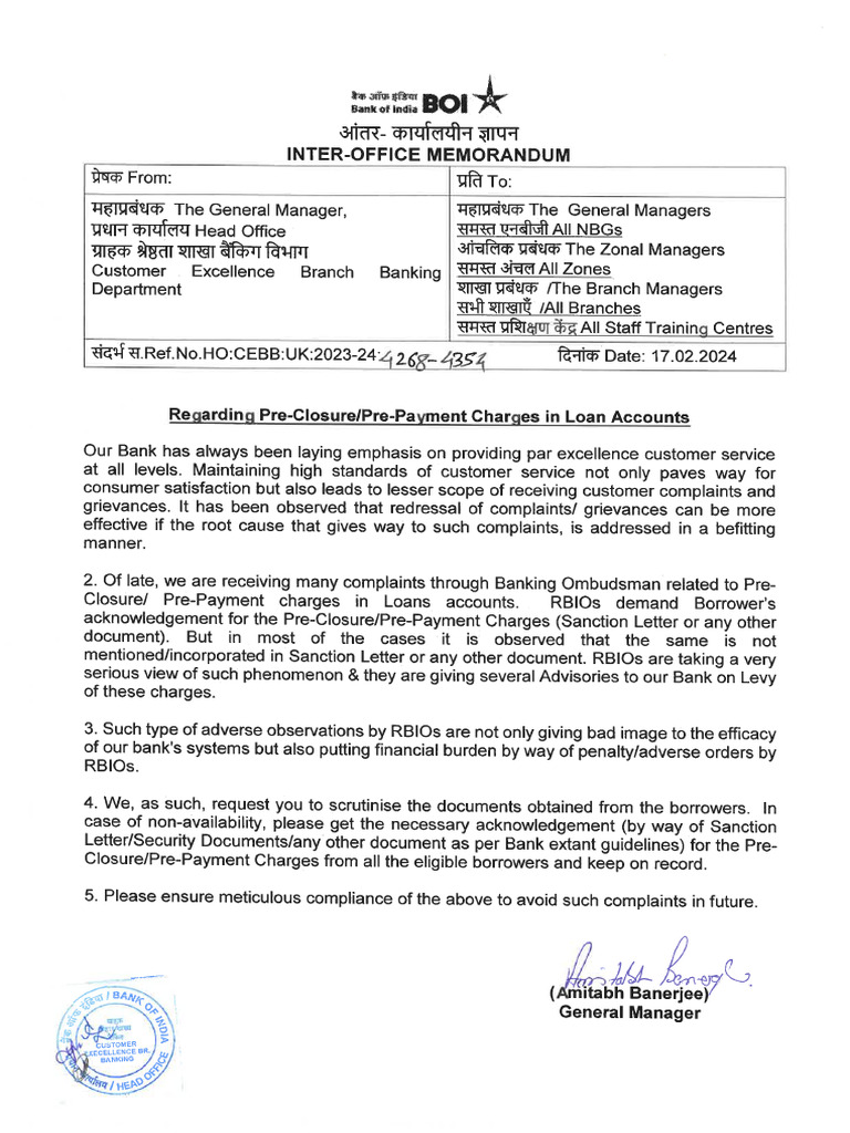 IOM Pre Closure Charges Loan Account | PDF