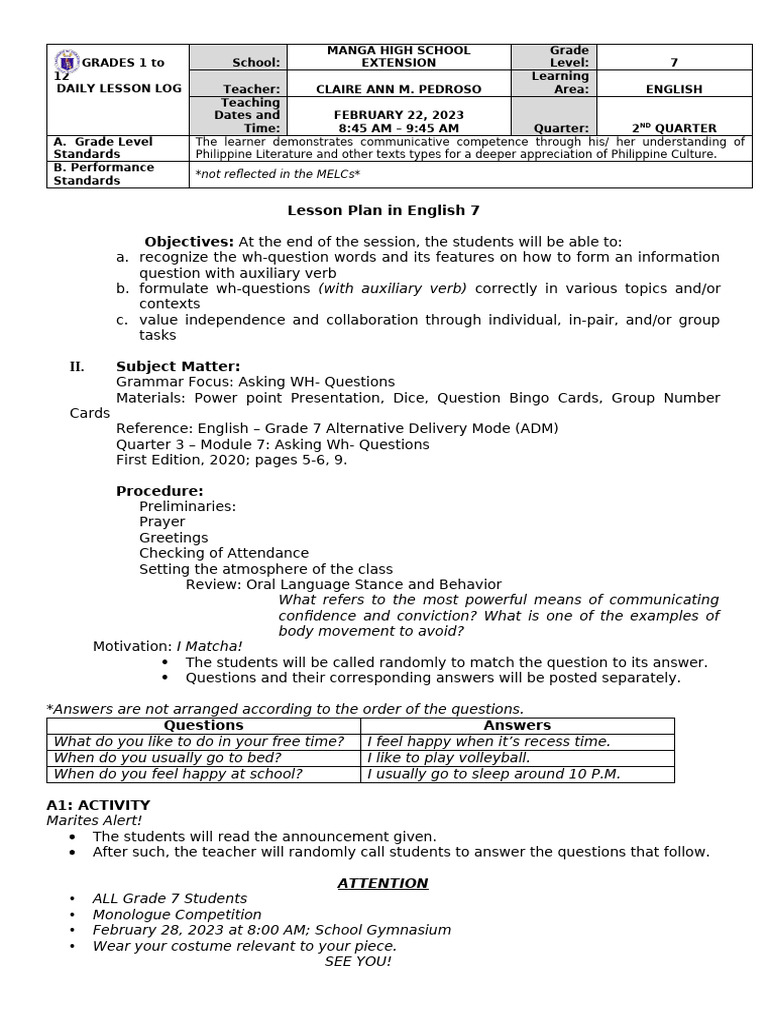 APPLIED KNOWLEDGE WH-QUESTION GRADE 7 1st CO DLP 2022-2023 | PDF | Question | Human Communication