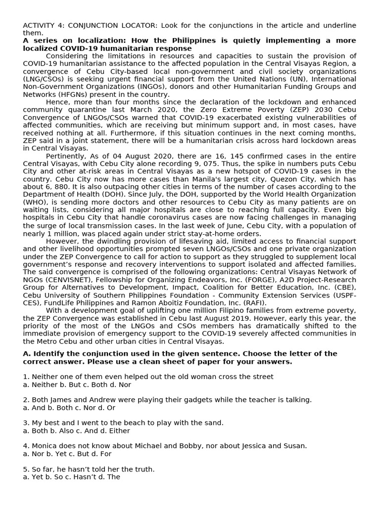 Conjunctions Activity q2 | PDF