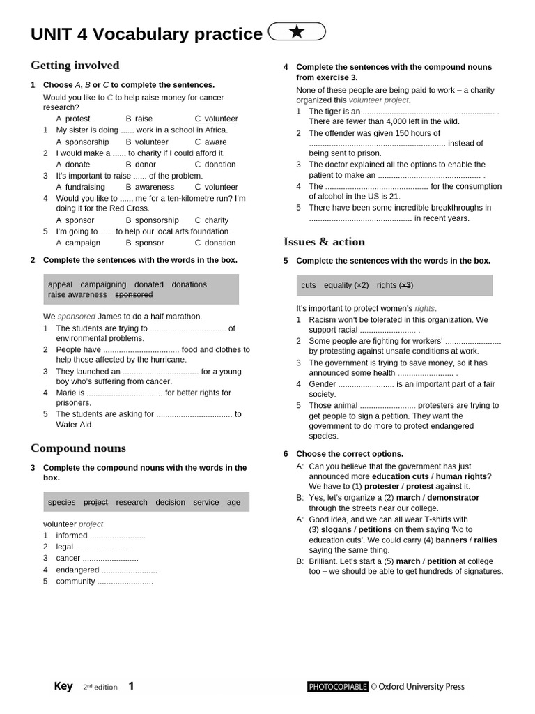 Key2e L1 Worksheets Vocabulary Unit 4 1star | PDF
