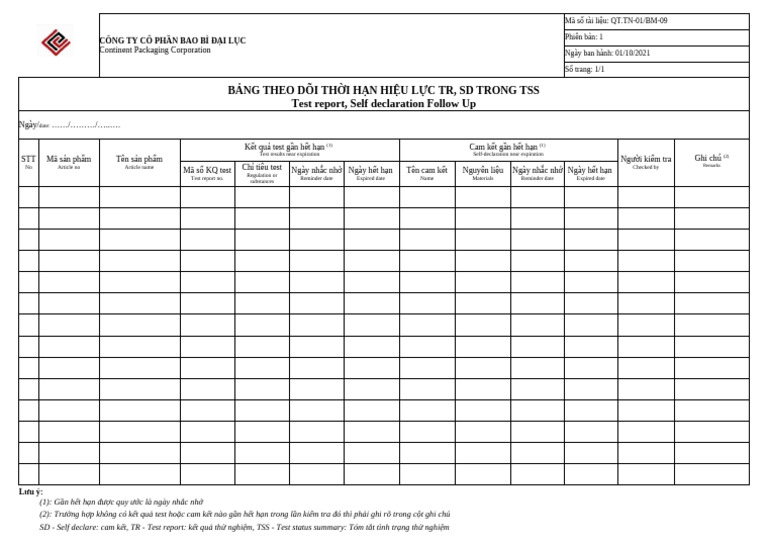 QT - TN-01-BM-09 Bang Theo Doi Thoi Gian Hieu Luc TR-SD Trong TSS-V1 | PDF