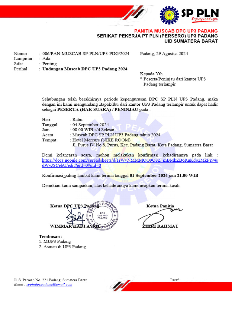 Surat Undangan Muscab 006 (Peserta-Peninjau Up3 Padang) | PDF