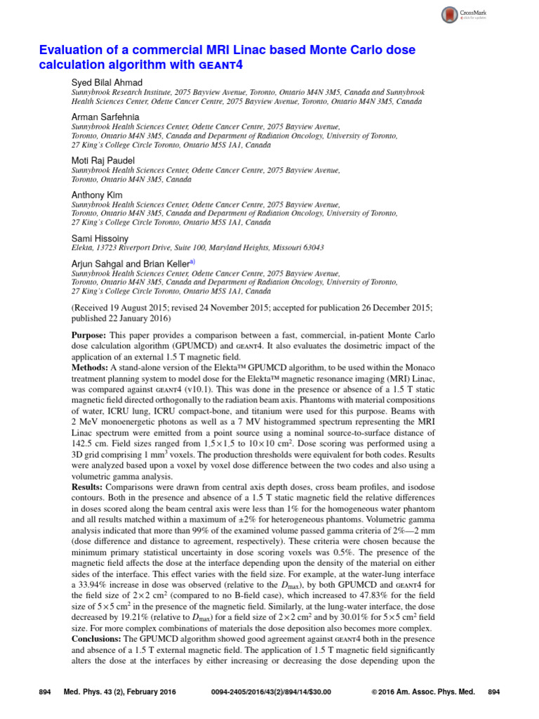 Evaluation - of A Commercial MRI Linac Based Monte Carlo Dose Calculation Algorithm With Geant4 ...