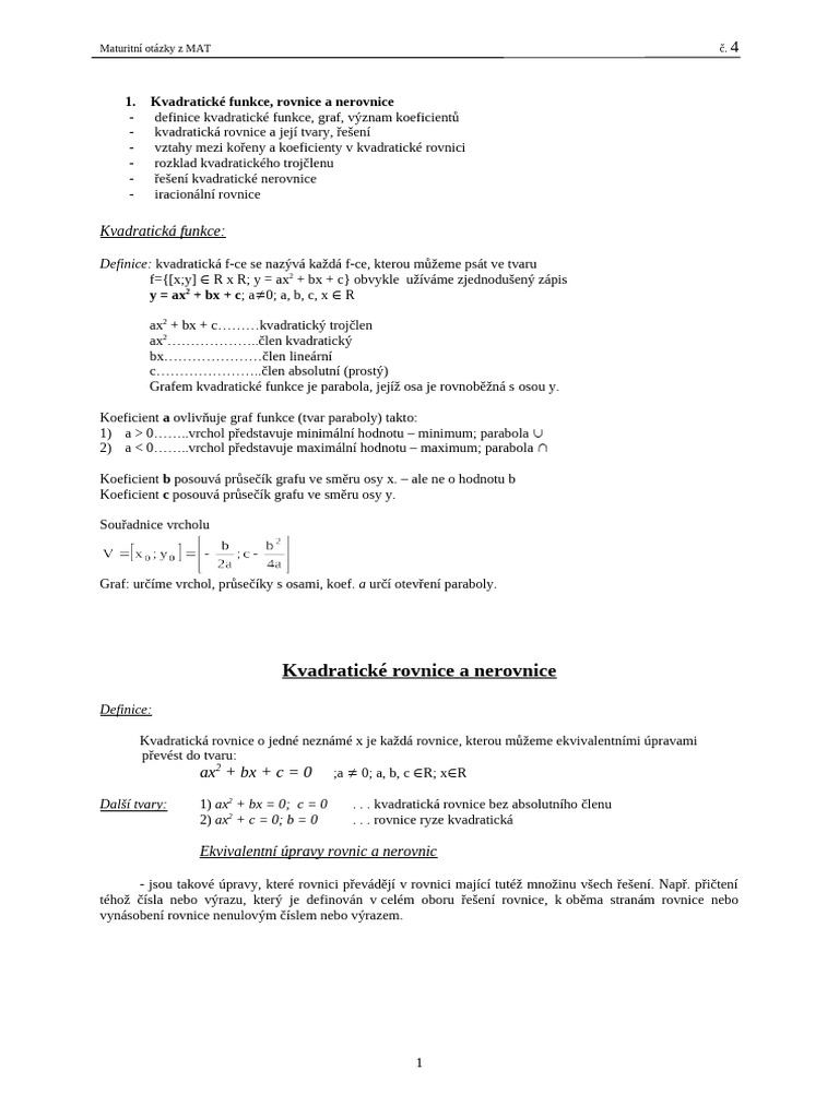 03 Mat-Kvadratické Funkce, Rovnice A Nerovnice - Kopie | PDF