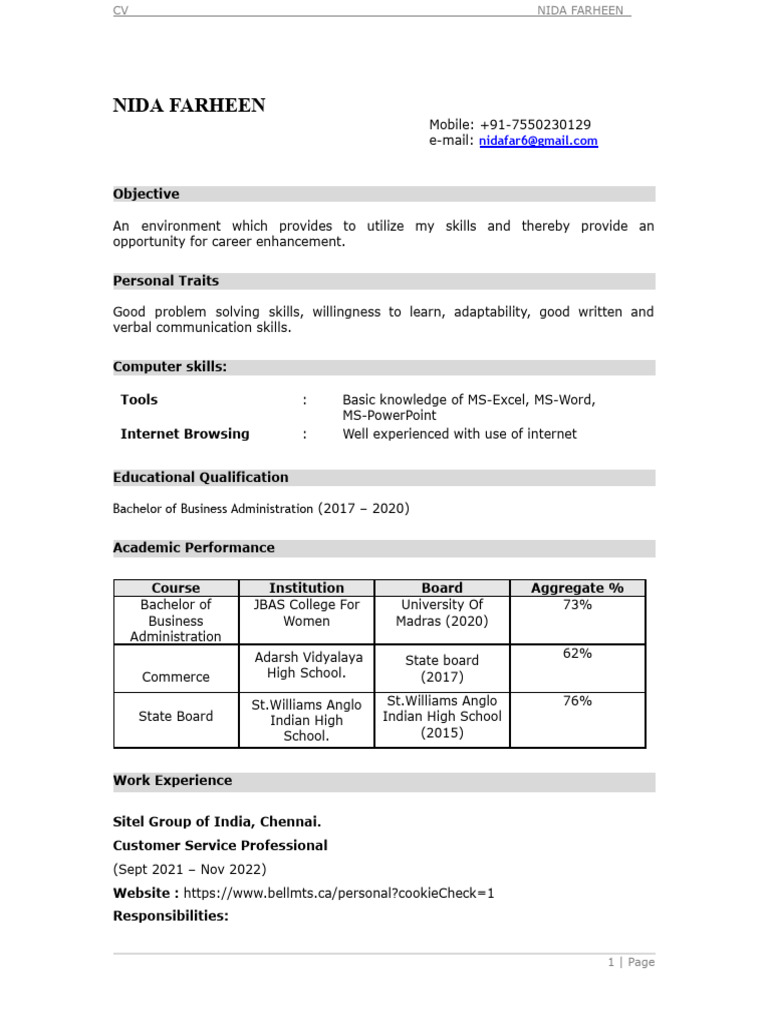 Nida Farheen CV | PDF