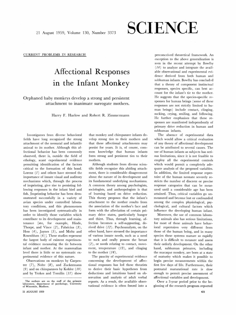Affectional Responses in The Infant Monkey | PDF