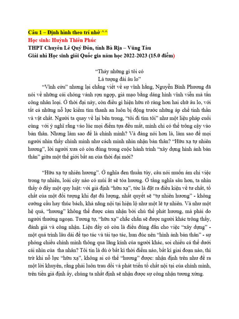 Câu NLXH-HSGQG2022-2023-HTP-Giải Nhì 15.0-Định Hình Theo Trí Nhớ | PDF