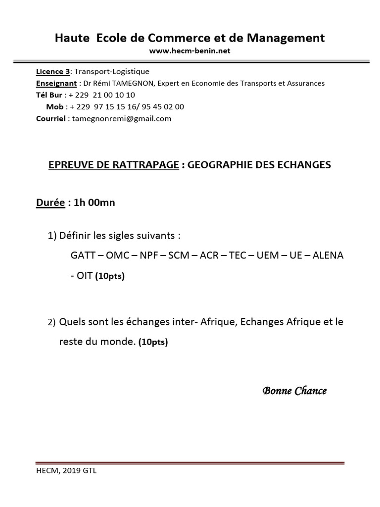 Epreuve de Rattrapage Géographie Des Echanges | PDF
