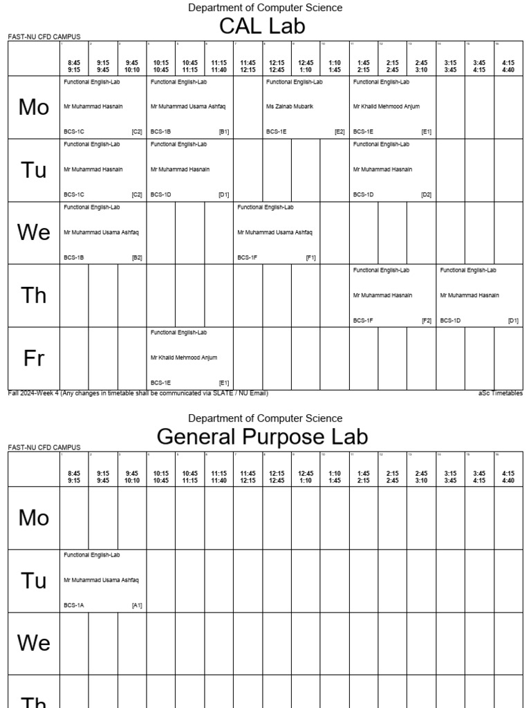Labs Time Table - CS Dept | PDF