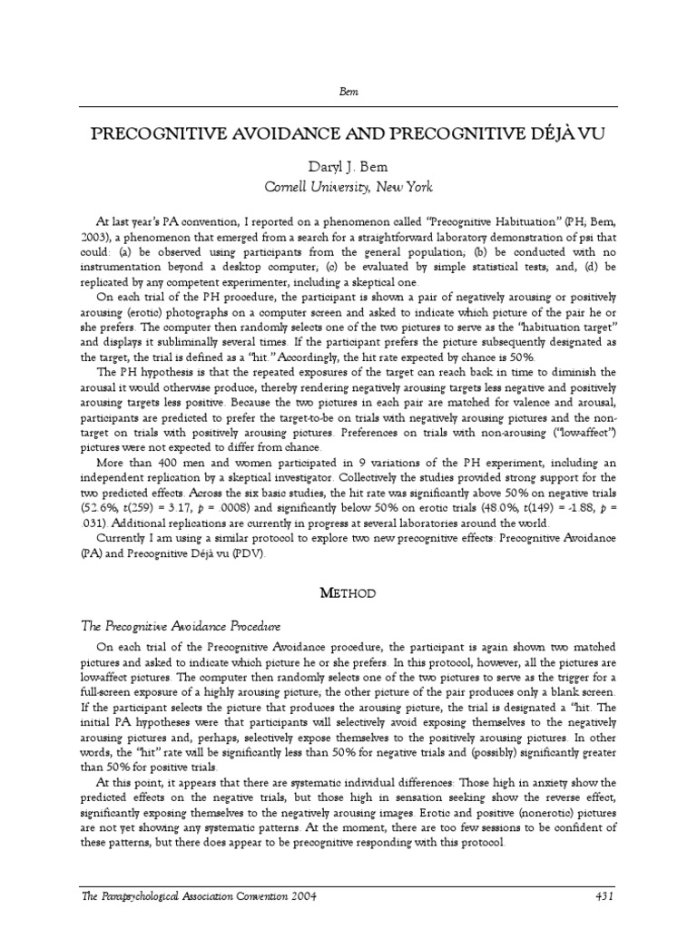 Daryl J. Bem - Precognitive Avoidance and Precognitive Deja Vu | PDF ...