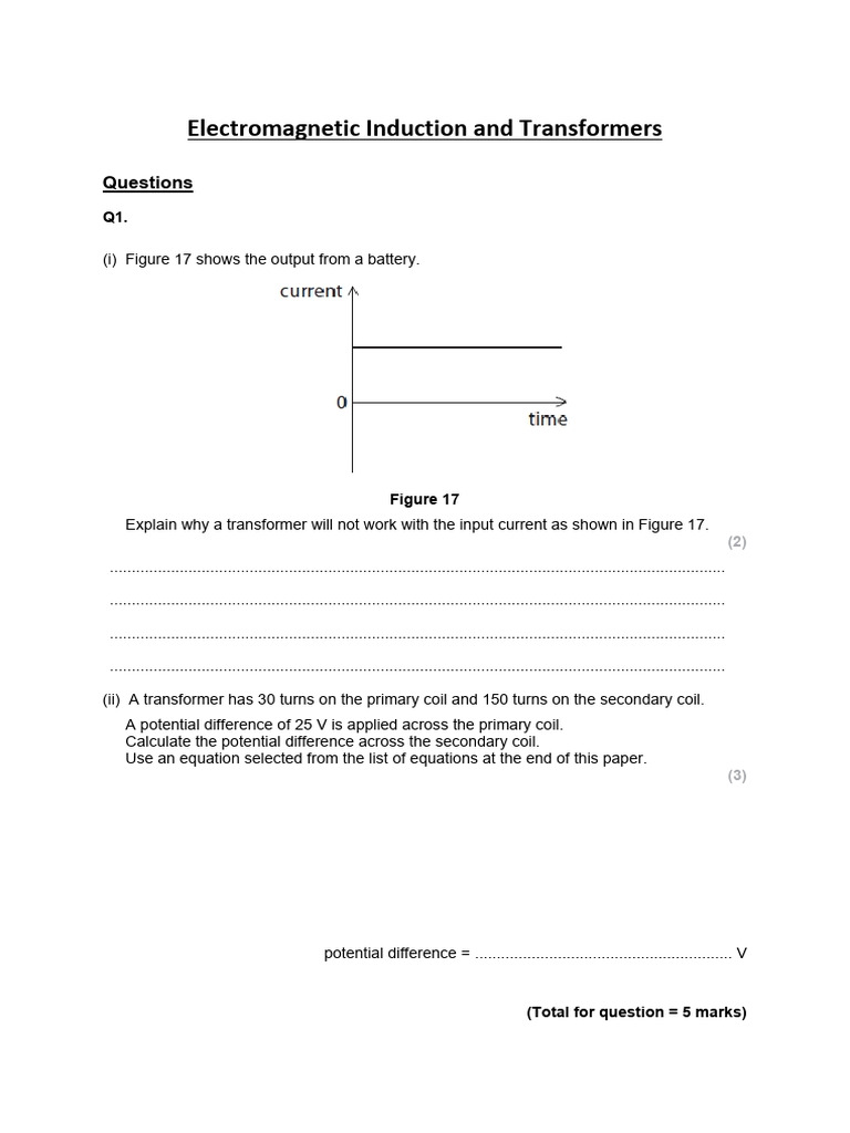 Electromagnetic Induction & Transformer Questions | PDF | Transformer ...