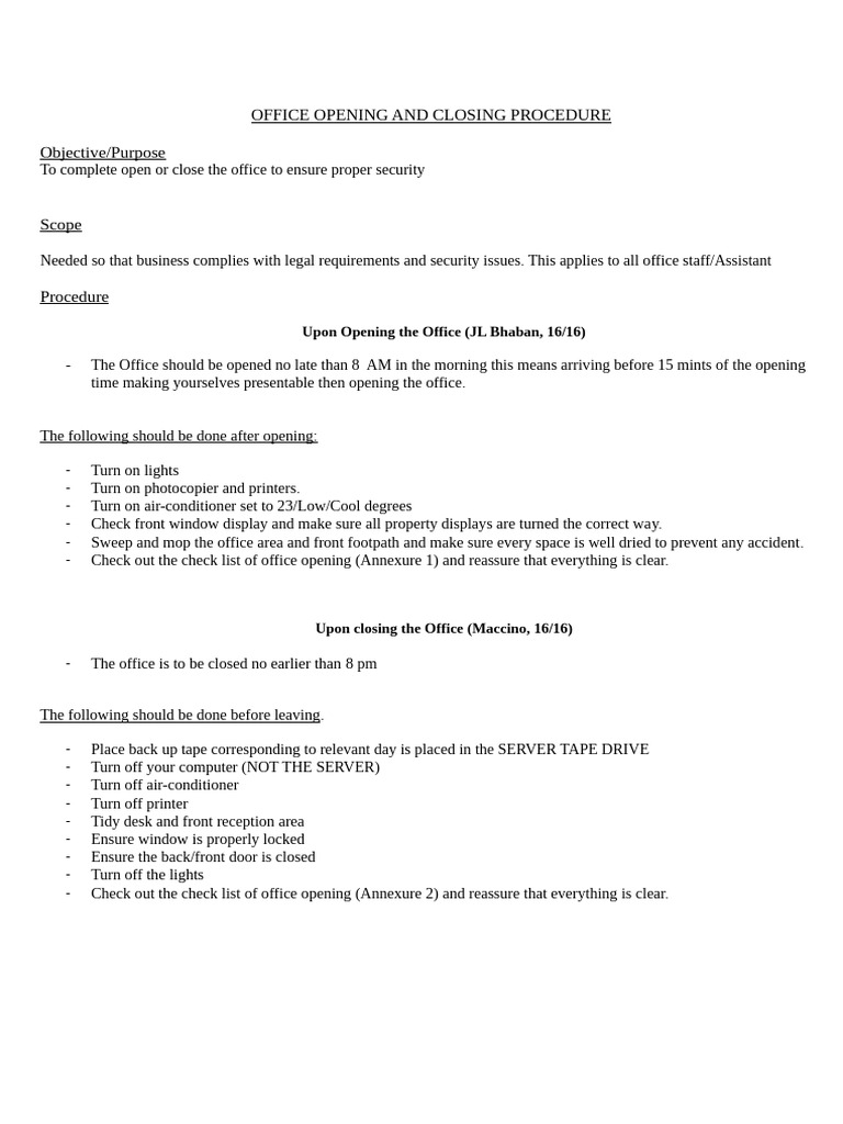 OFFICE OPENING AND CLOSING PROCEDURE | PDF