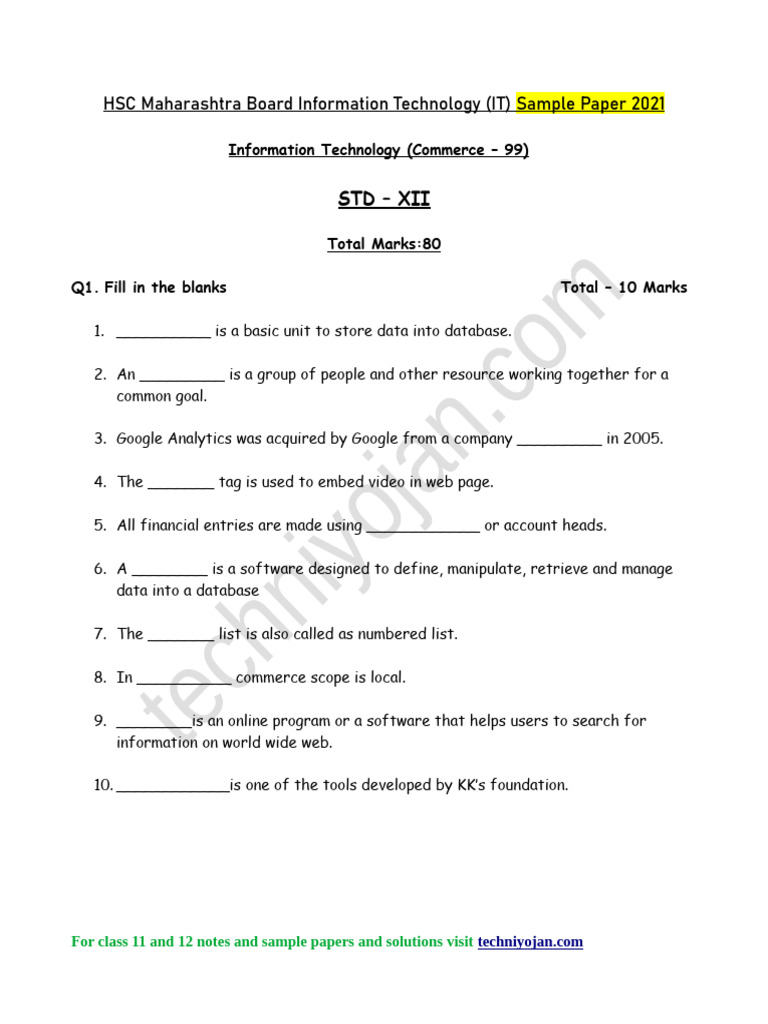 Sample Paper Board HSC Commerce1 | PDF | World Wide Web | Internet & Web