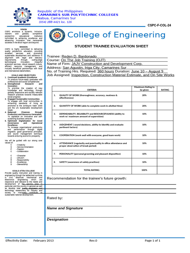 Student Trainee Evaluation Sheet | PDF | Economies | Business