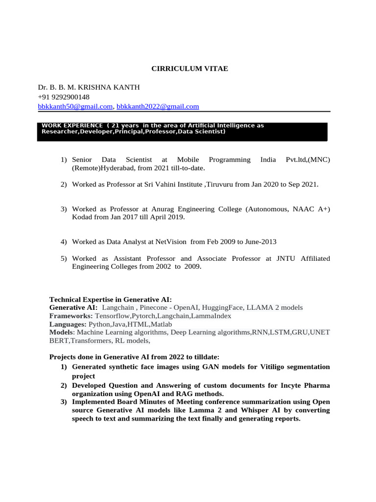 DR Bala Murali's Resume-1 | PDF | Machine Learning | Deep Learning