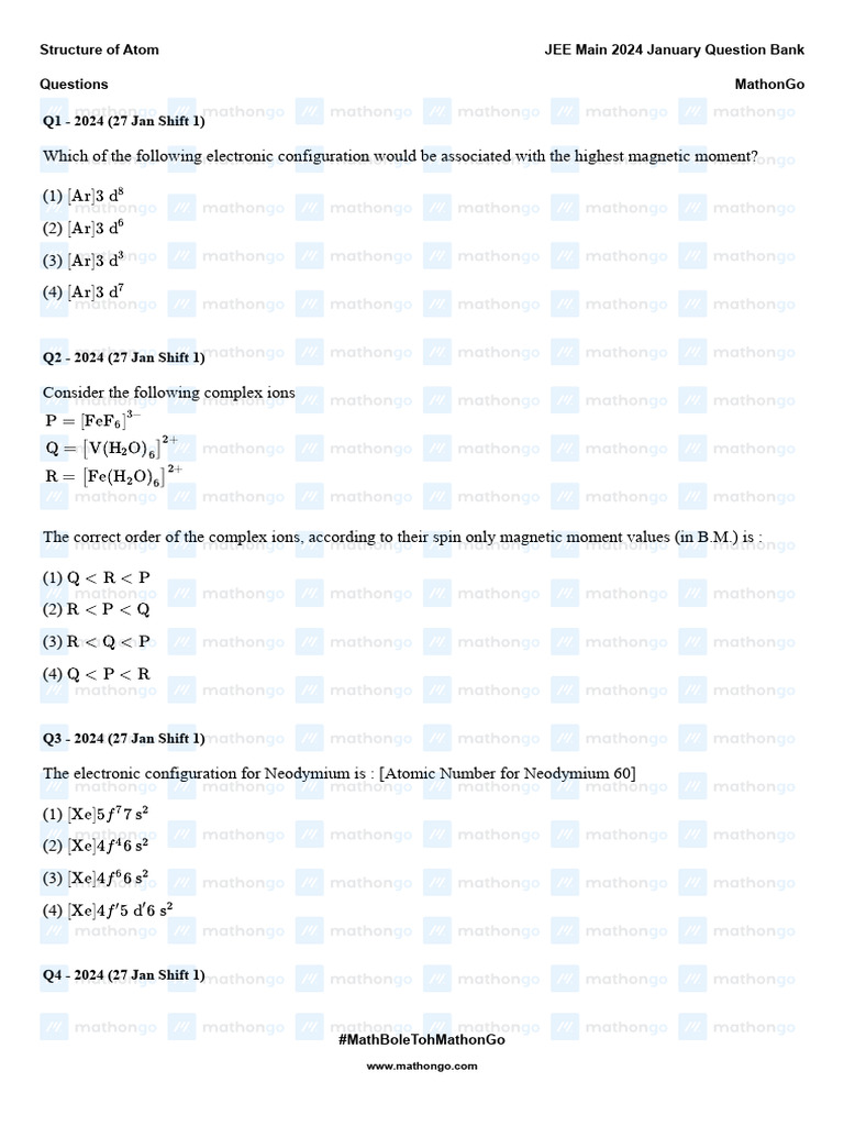 Structure of Atom - JEE Main 2024 January Question Bank - MathonGo ...
